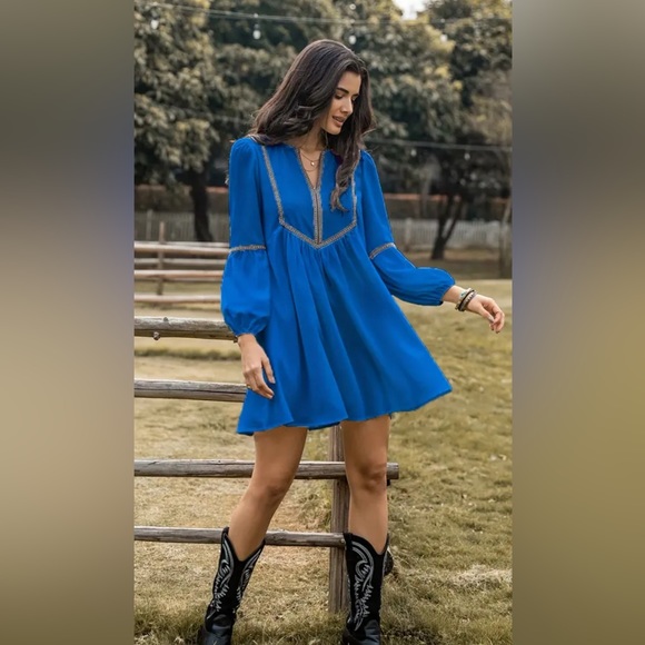 Rusttydustty | Dresses | Royal Blue Boho Style Lantern Sleeve Midi ...